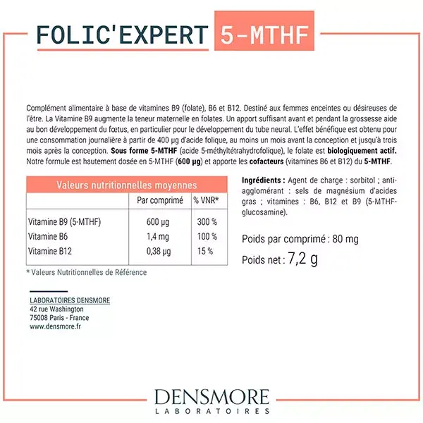 Densmore FOLIC'EXPERT La nouvelle génération d'Acide Folique 5-MTHF 30 ...