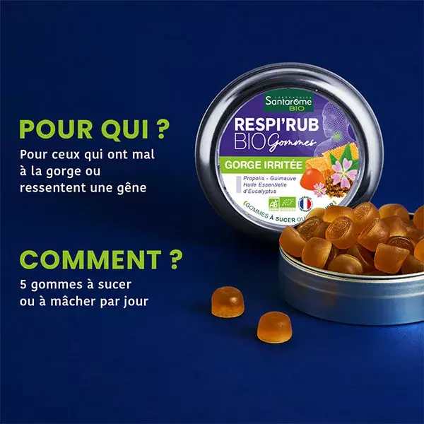 Santarome Bio Respir'Rub Gommes Bio Gorges irritées Propolis 45 g