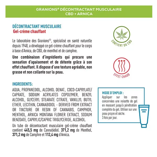 GRANIONS Décontractant Musculaire Gel-Crème Chaufffant - CBD + Arnica ...