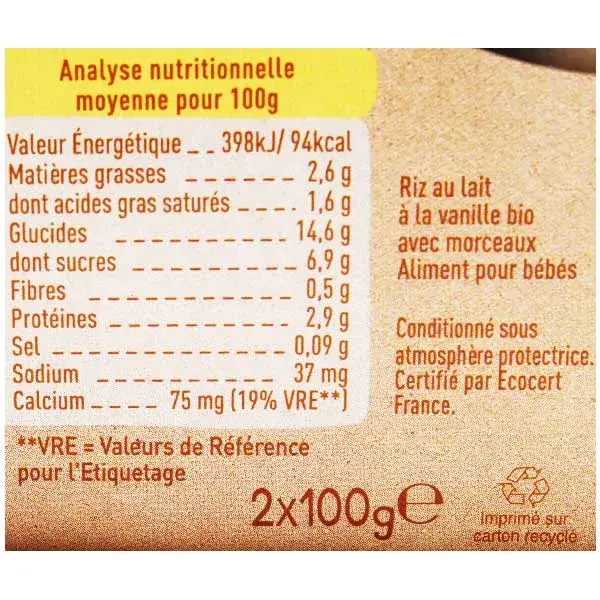 Babybio Desserts Lactés Bol Riz au Lait Vanille +8m Bio Lot de 2 x 100g ...