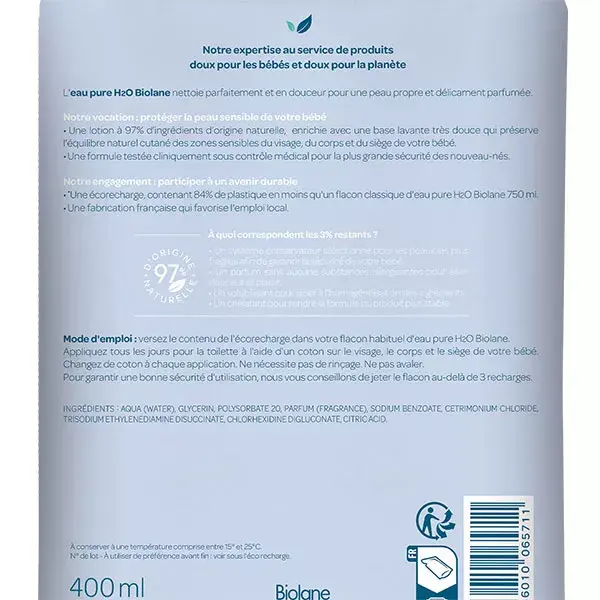 Biolane Bain & Toilette Eau Pure H2O Éco-Recharge 400ml | Pas cher