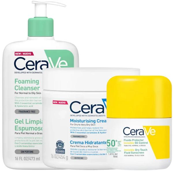 CeraVe Gel Limpiador Espumoso 473 ml + Crema Hidratante 454 gr + Fluido ...